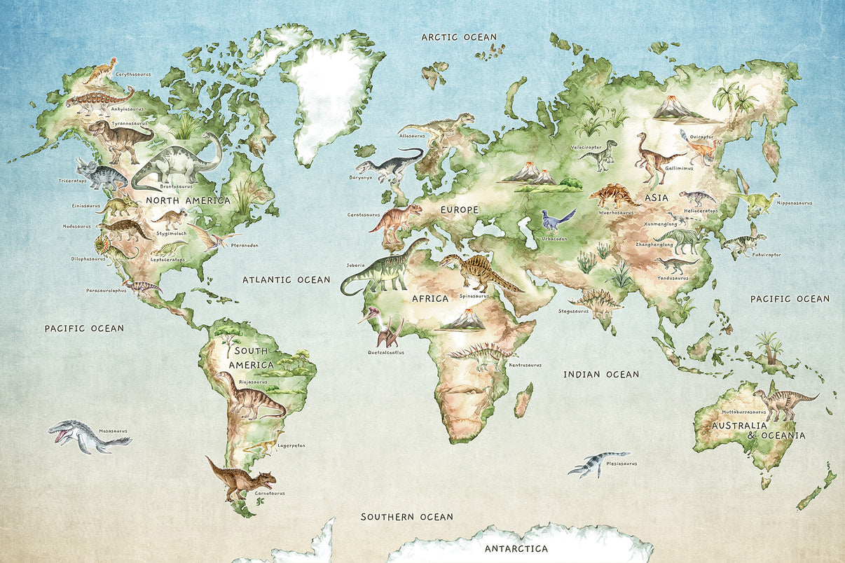 Prehistoric Explorer's Dinosaur World Map Poster 36x24" Wall Art for B ...